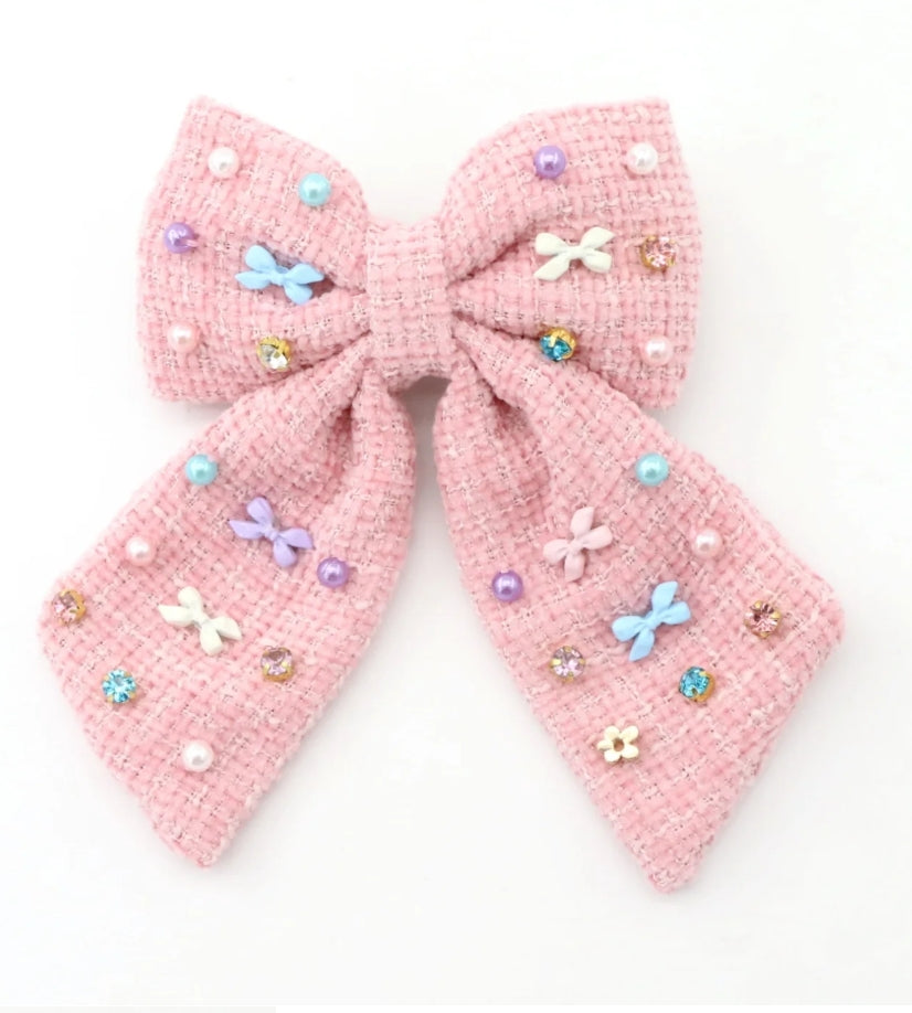Pink Tweed Bow with Pearls and Bows – GG's Children's Boutique